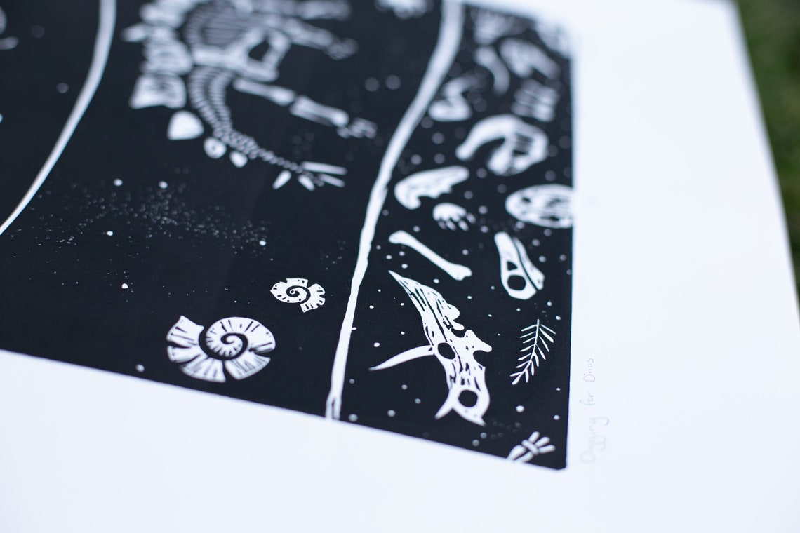 Digging for Dinos, Dinosaur Excavation Print, Linocut Poster 18x24 ...