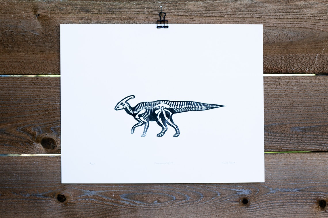 Parasaurolophus, Parasaur Art Print, Dinosaur Skeleton Linocut Poster ...