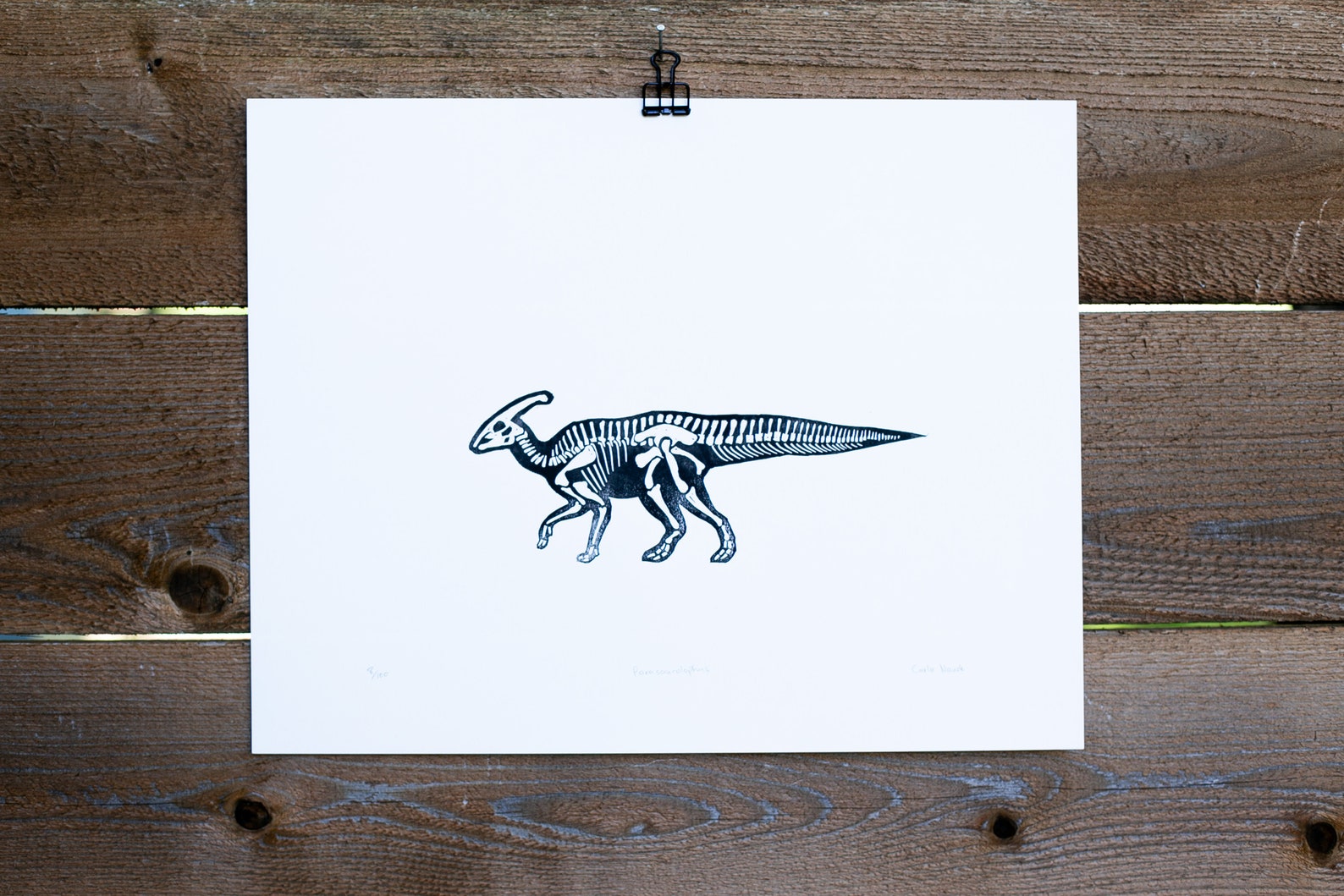 Parasaurolophus, Parasaur Art Print, Dinosaur Skeleton Linocut Poster ...