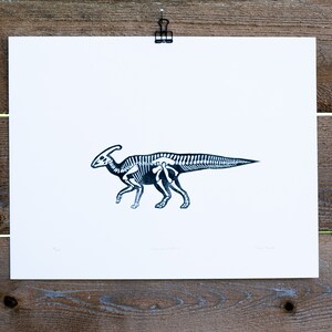 Parasaurolophus, Parasaur Art Print, Dinosaur Skeleton Linocut Poster ...