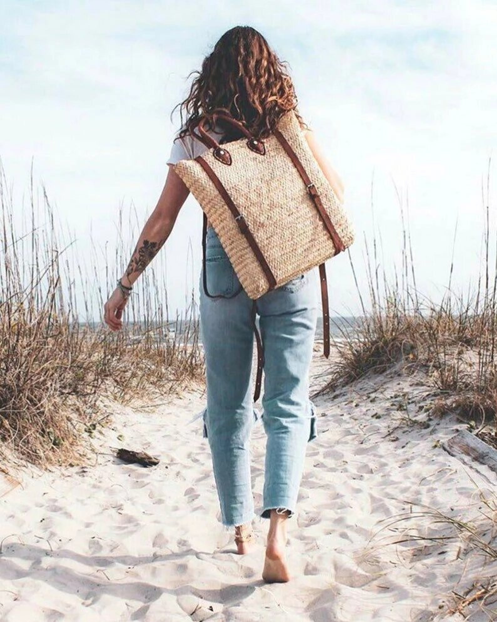 FRENCH Straw Backpack With a Leather Basket Coastal Foraging - Etsy