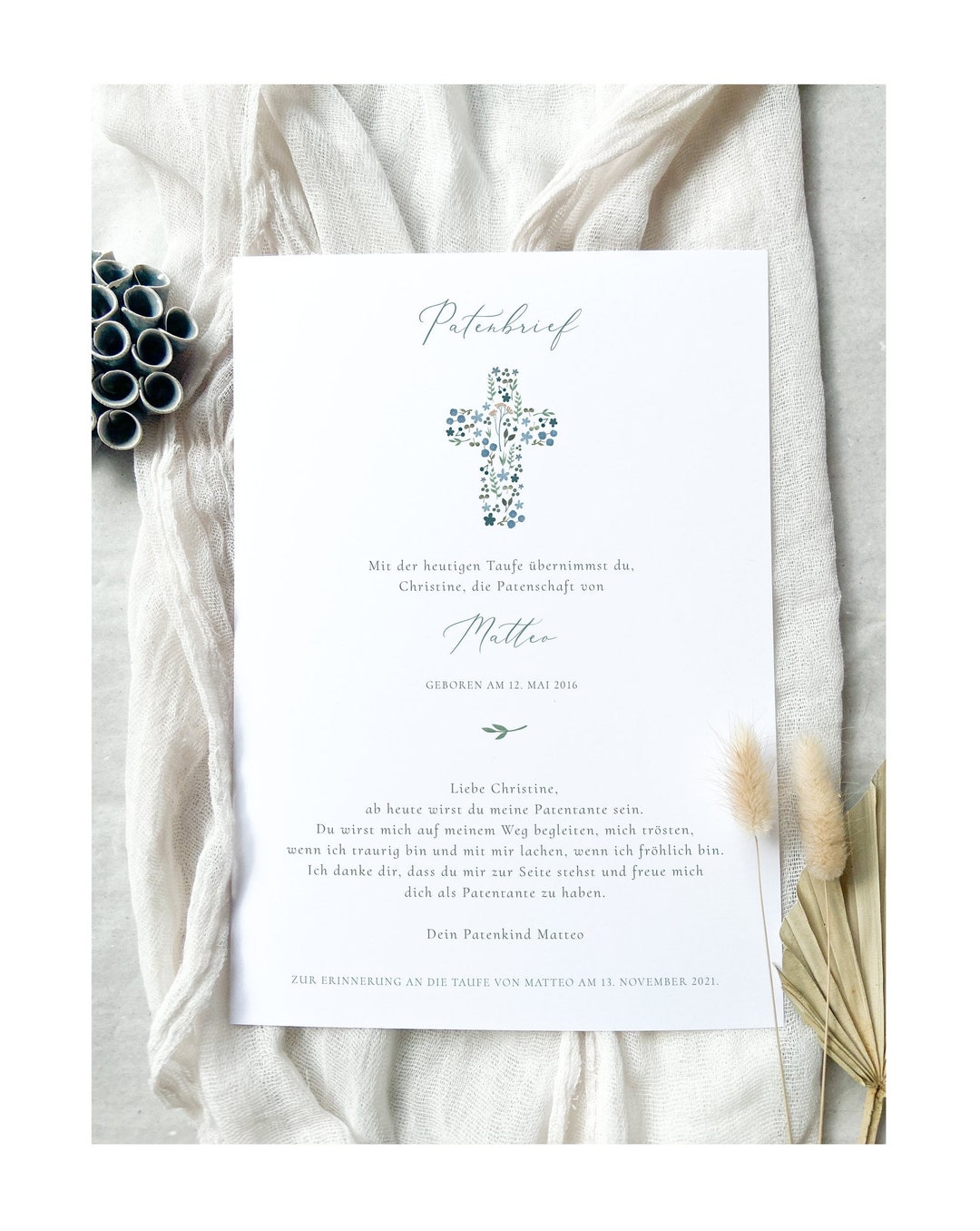 Personalized Godparent Letter, Flower Cross, Baptism Gift, Gift for ...
