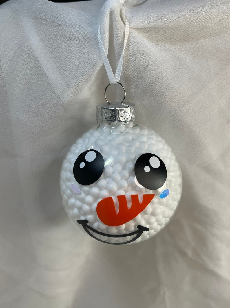 Big Eyed Smiley Face Snowman Fake Snow Filled Christmas Glass Ornament ...