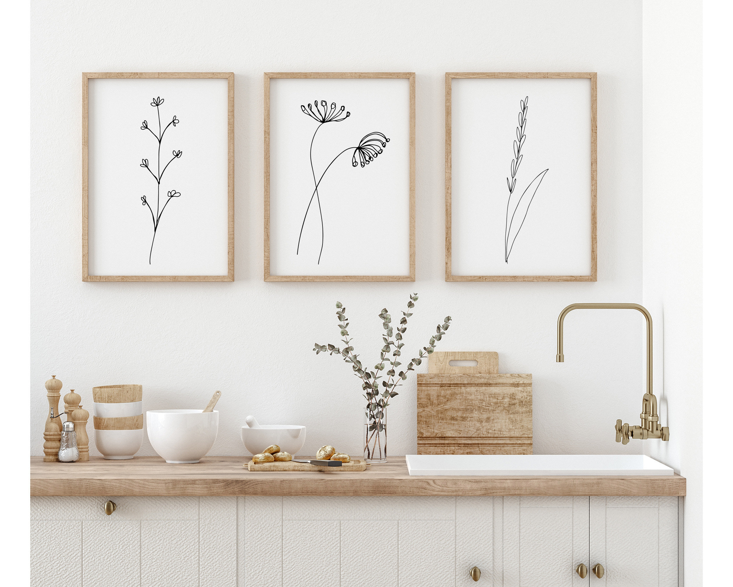 Modern Farmhouse Wall Art Set of 4 Prints of Wildflowers Line Art Boho ...