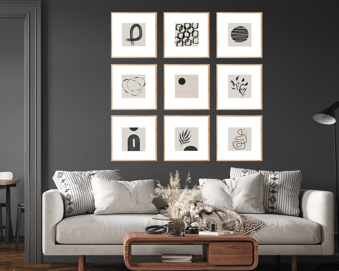 Gallery Wall Art Set of 9 Square Modern Abstract Prints in Light Gray ...