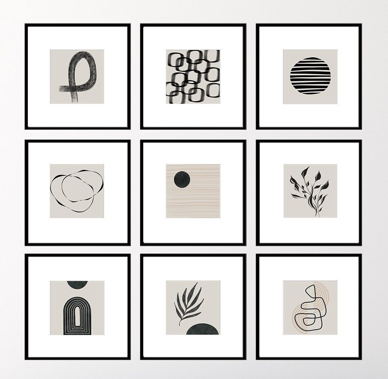 Gallery Wall Art Set of 9 Square Modern Abstract Prints in Light Gray ...