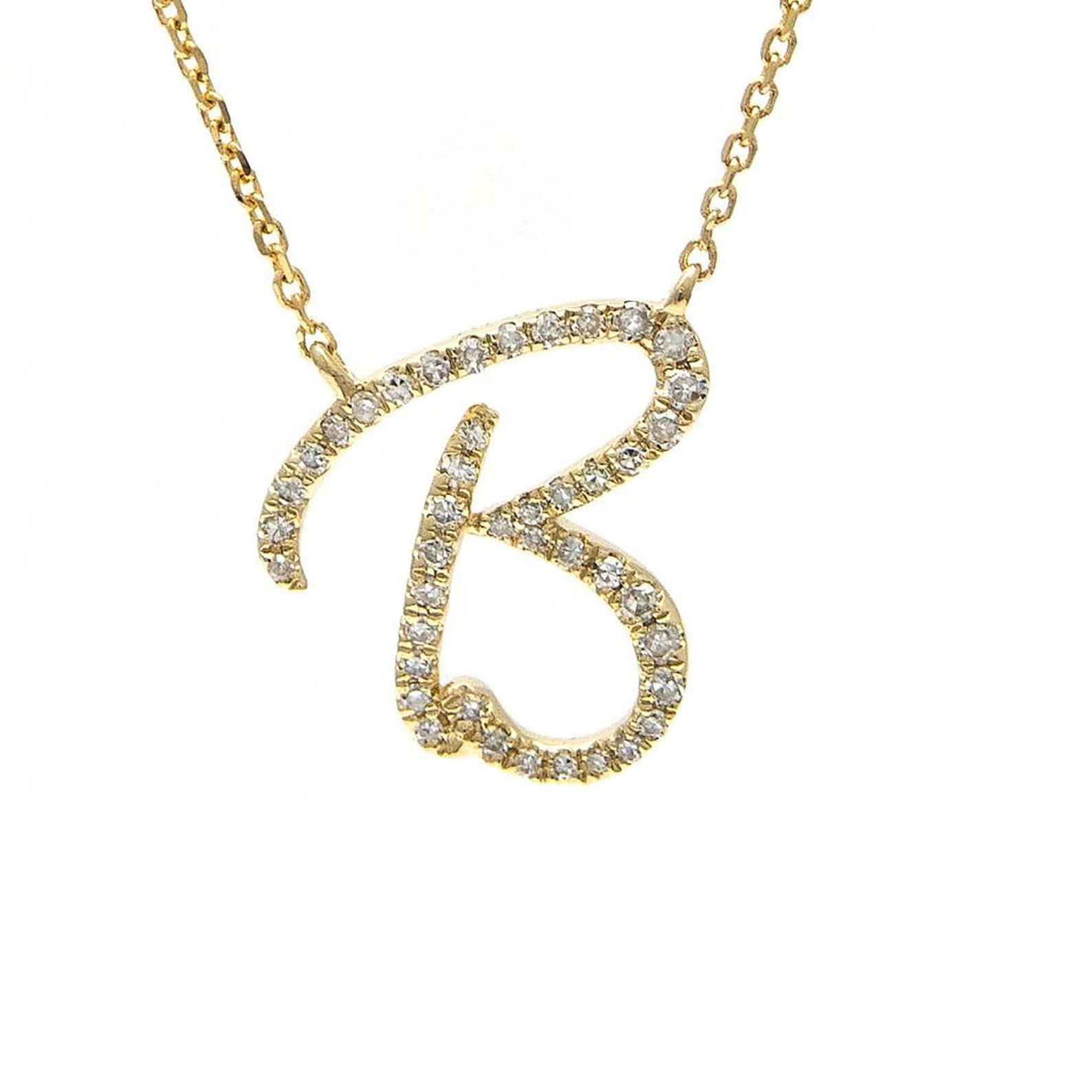 14k Gold Diamond Initial Script Necklace Cursive Diamond - Etsy