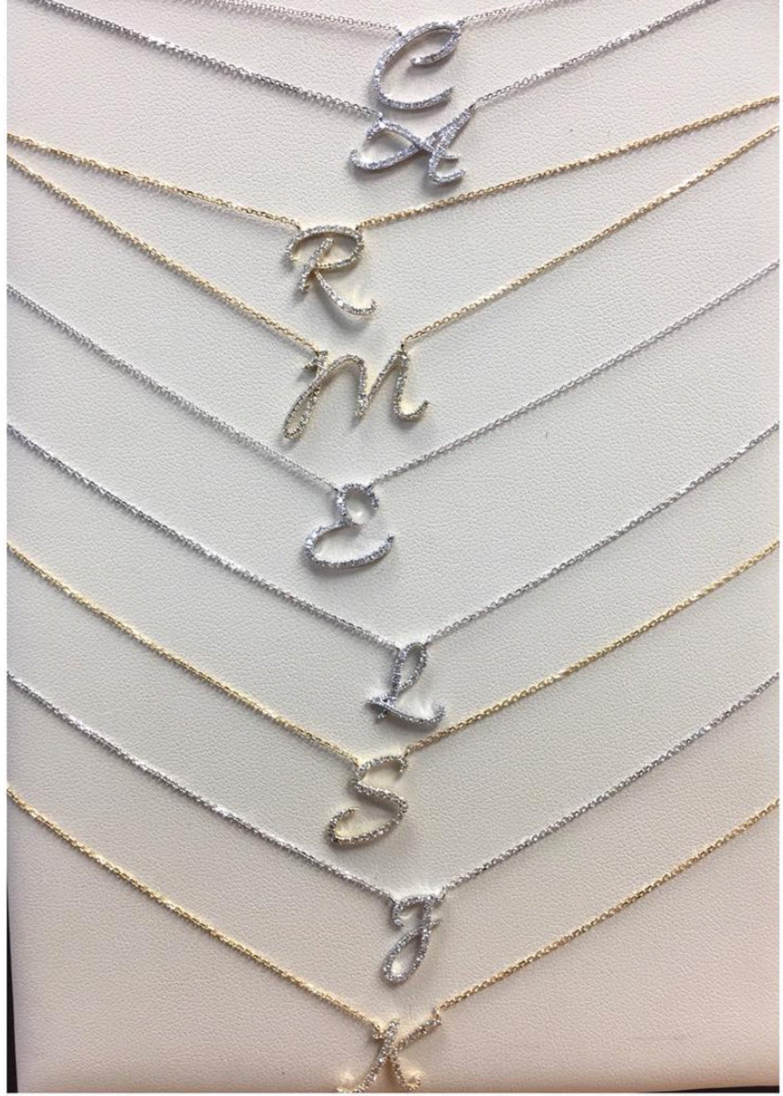 14k Gold Diamond Initial Script Necklace Cursive Diamond - Etsy