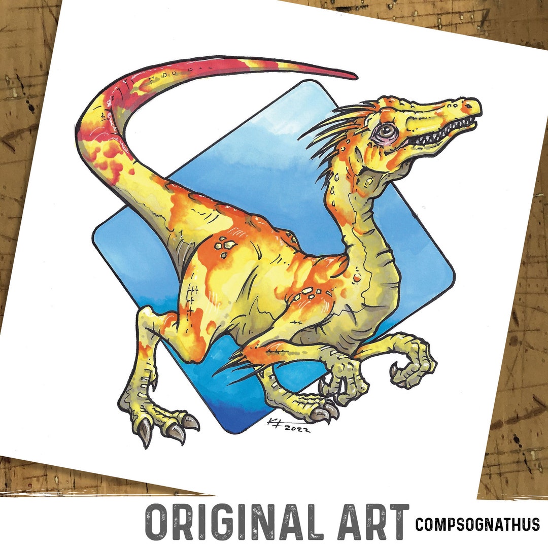 Compsognathus Original Dinosaur Colored Illustrations - 8" X 8" Wall ...