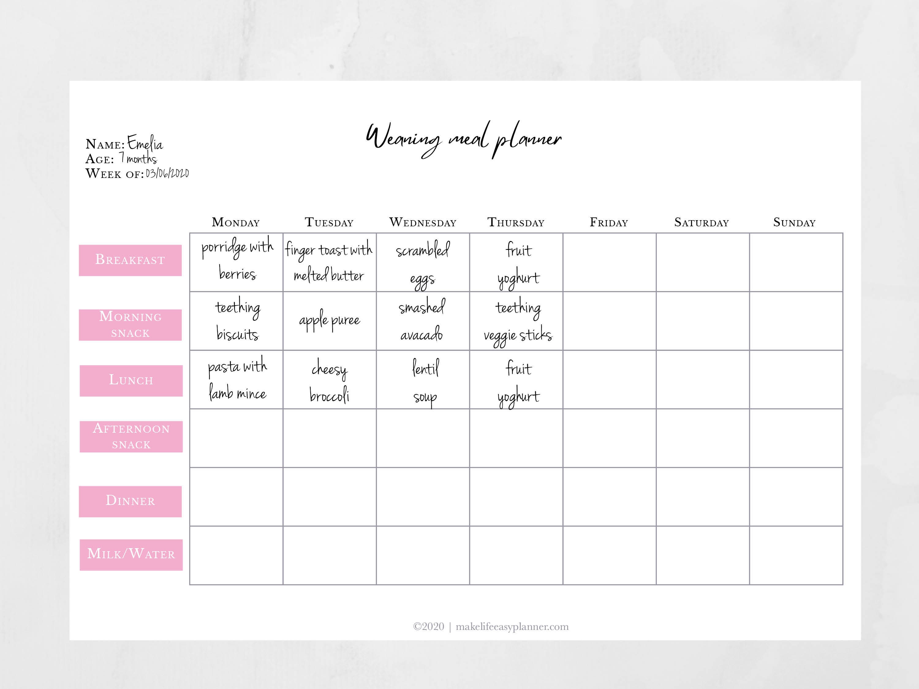 Baby Weaning Meal Plan | EDITABLE Template | A4 & A5 Digital Download ...