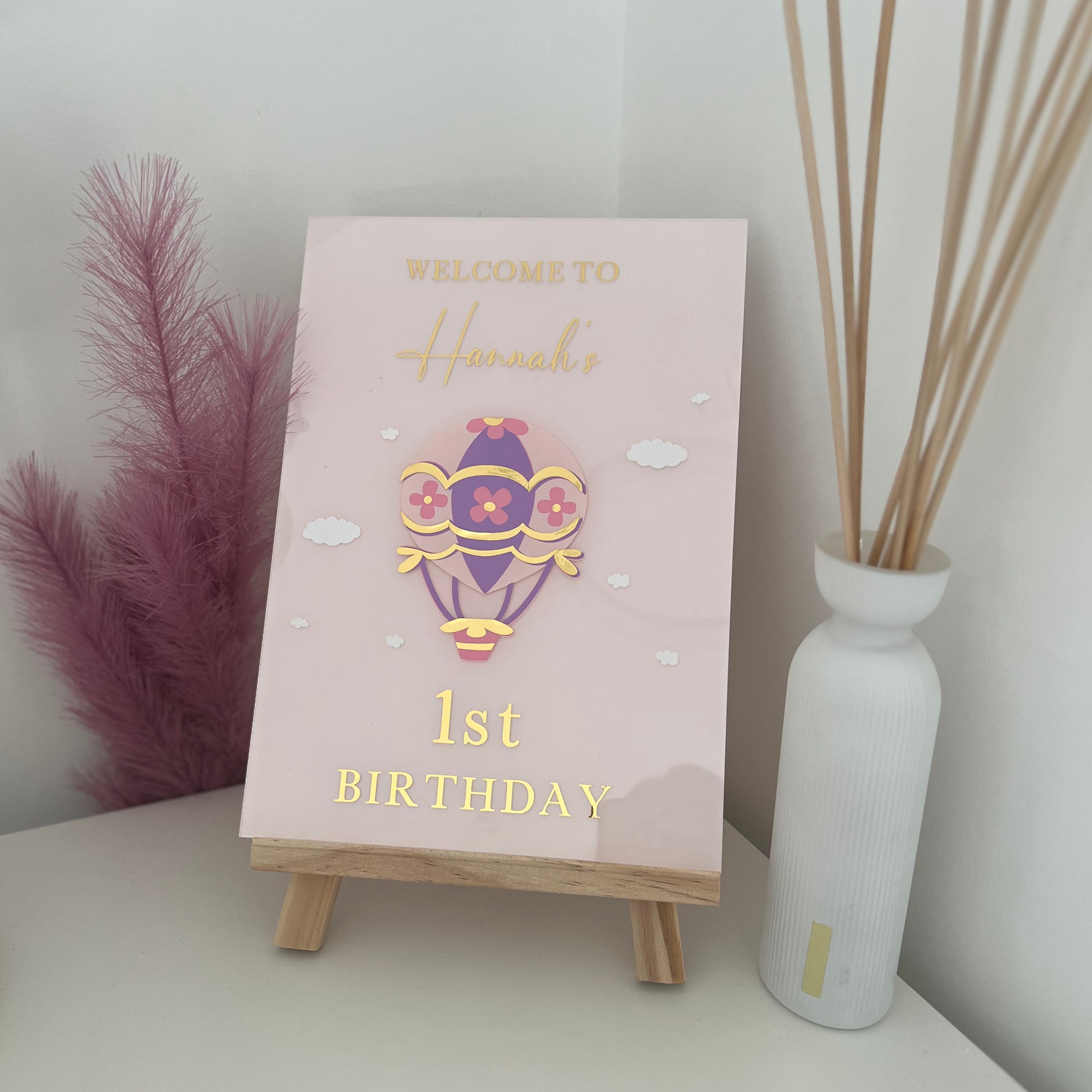 Personalised Acrylic A4/A3 Birhtday Welcome Sign Hot Air Balloon ...