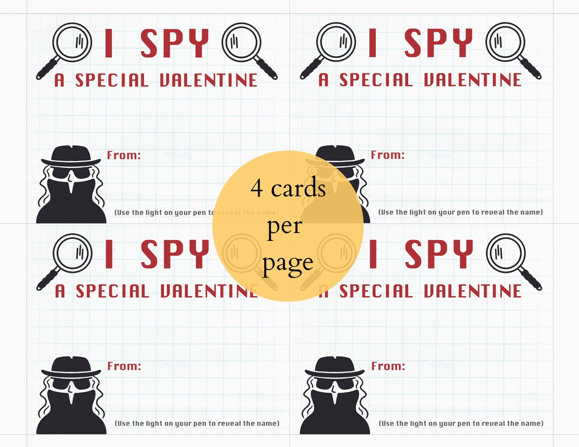 Printable Invisible Ink Pen Valentine, Secret Agent Cards, I Spy School ...