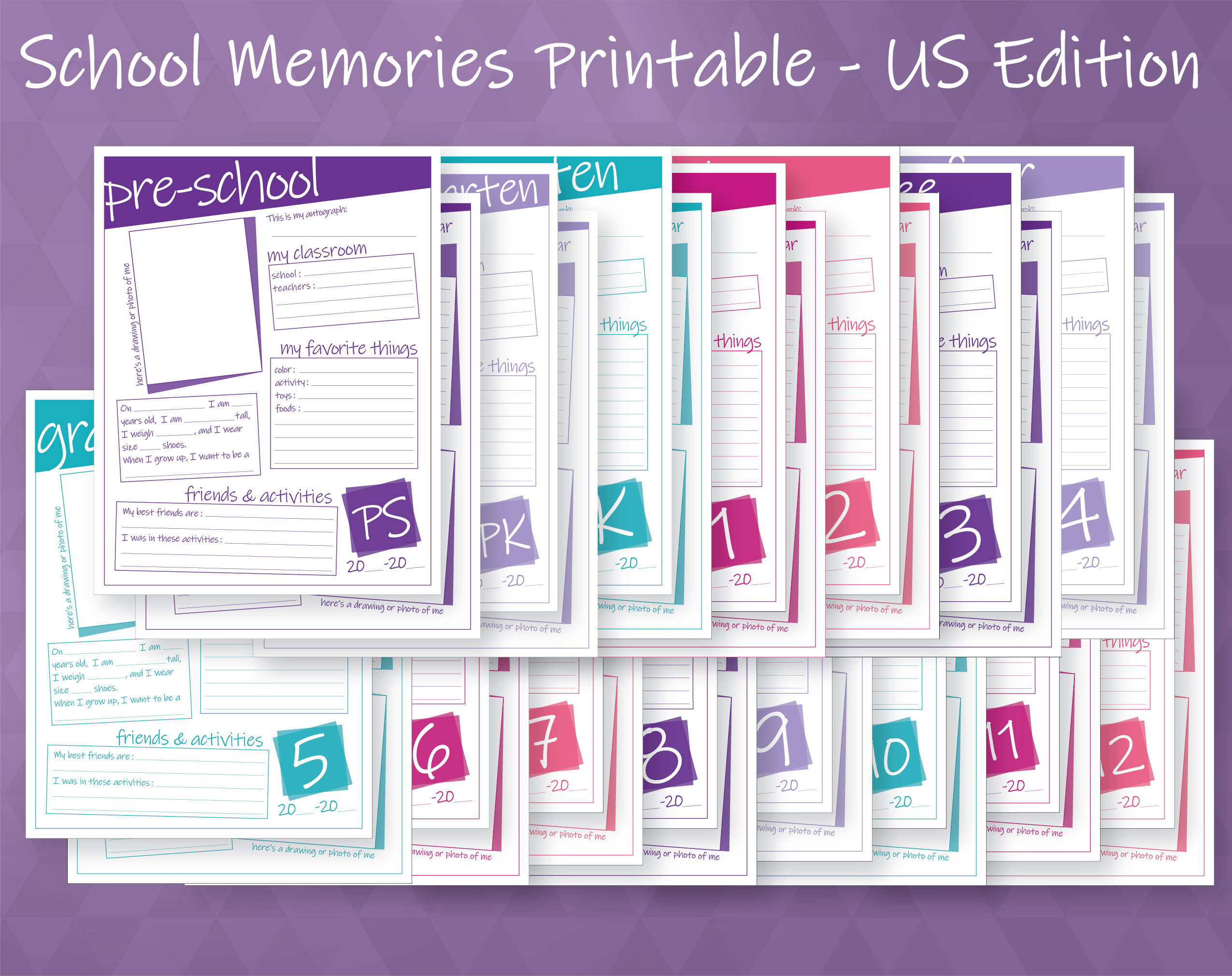 Yearly School Memories Printable Keepsake File Folder Insert Pages ...