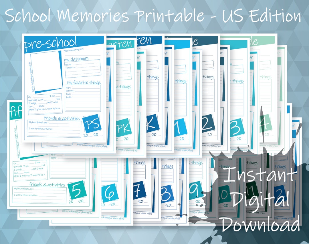 School Memory Box Printable Keepsake File Folder Insert Pages Memory ...
