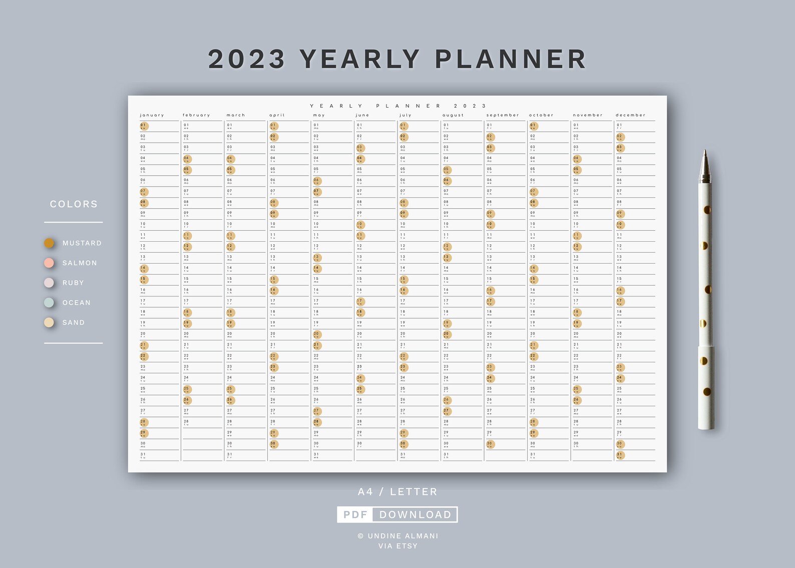 Minimalist Yearly Planner 2023 · A3, A4, A5 & Letter · Cute A3 Calendar ...
