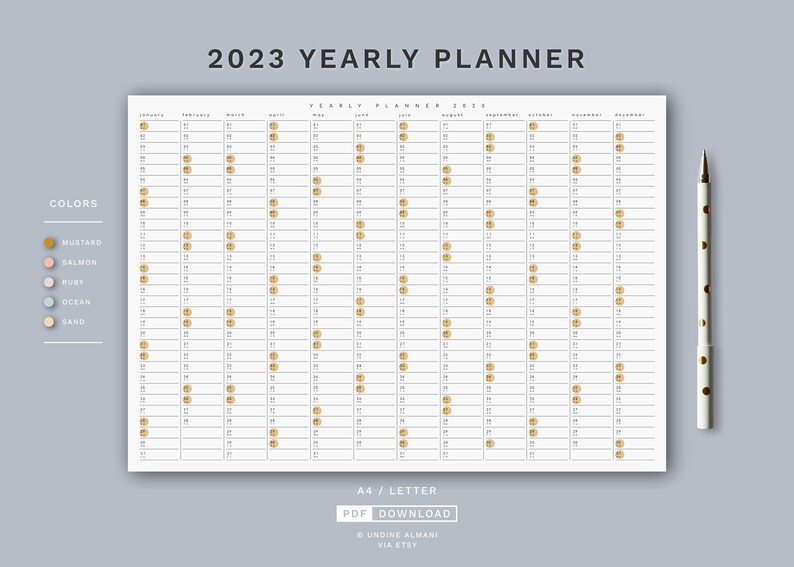 Minimalist Yearly Planner 2023 · A3, A4, A5 & Letter · Cute A3 Calendar ...