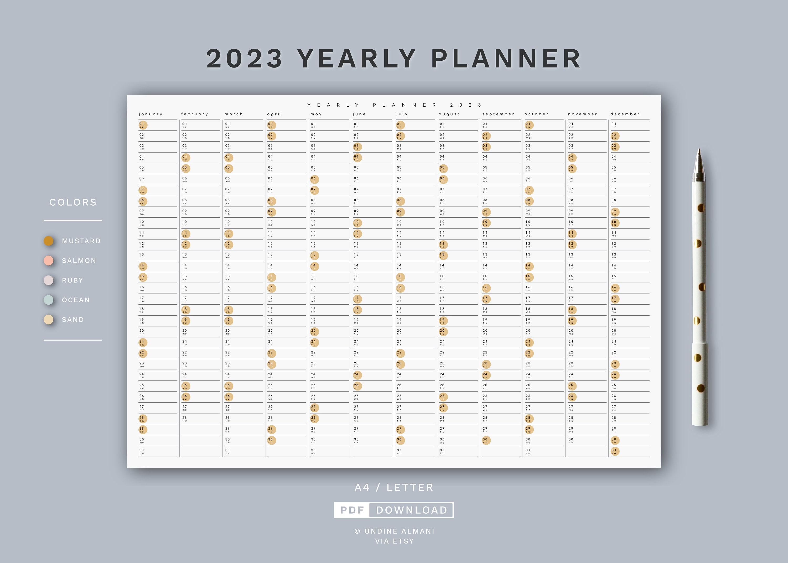 Minimalist Yearly Planner 2023 · A3, A4, A5 & Letter · Cute A3 Calendar ...