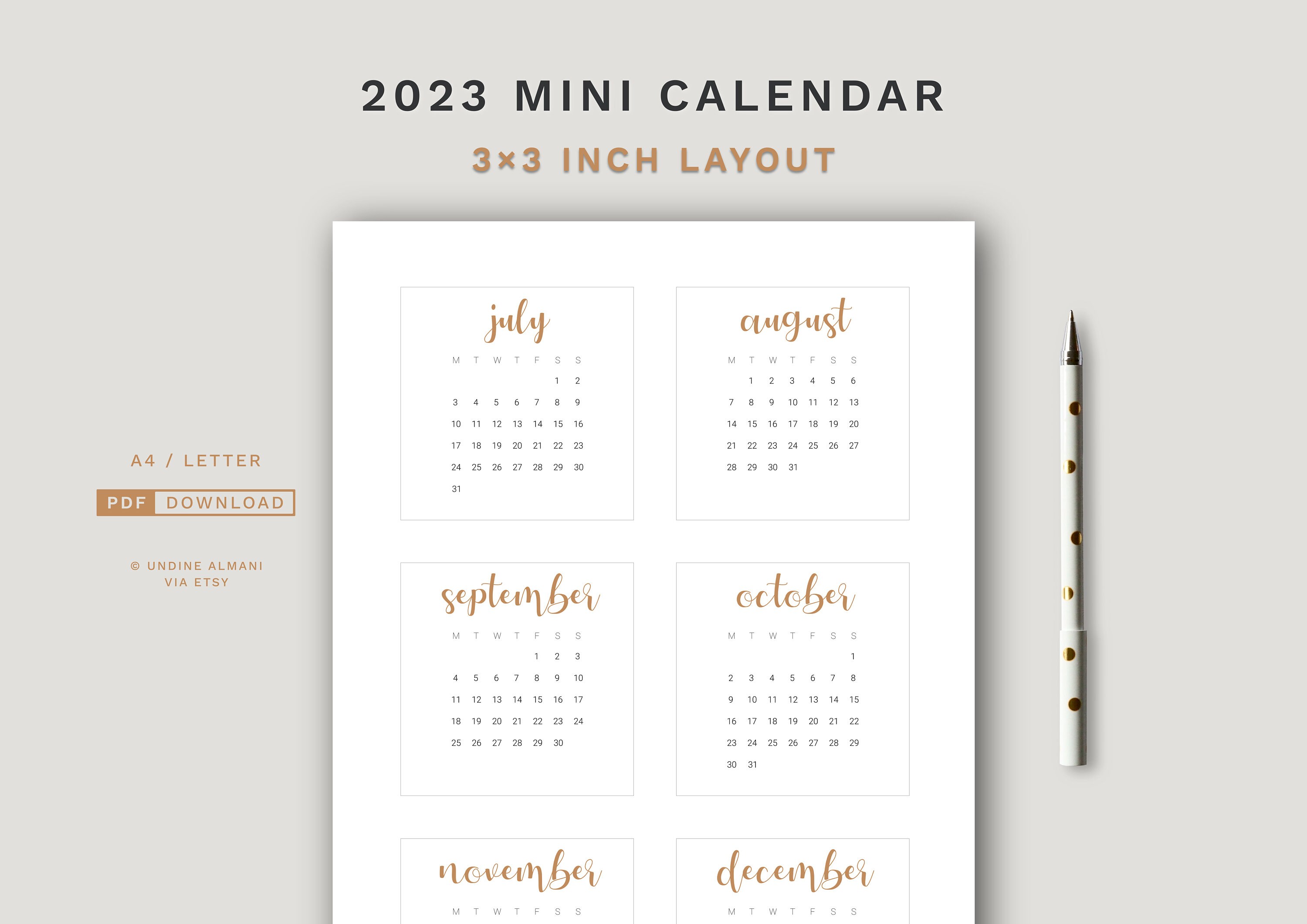 2023 Mini Calendar · Printable PDF · 3×3 and 2×2 Layout · Handlettering ...