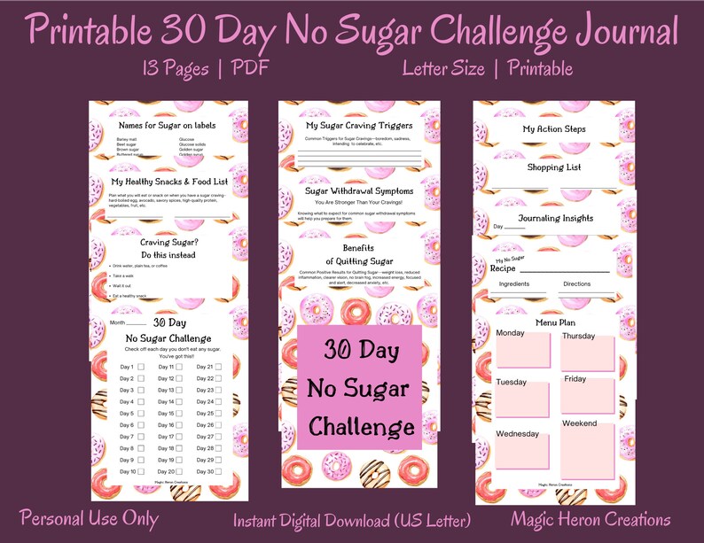 Sugar Detox, 30 Day Challenge Printable, No Sugar Challenge Journal ...