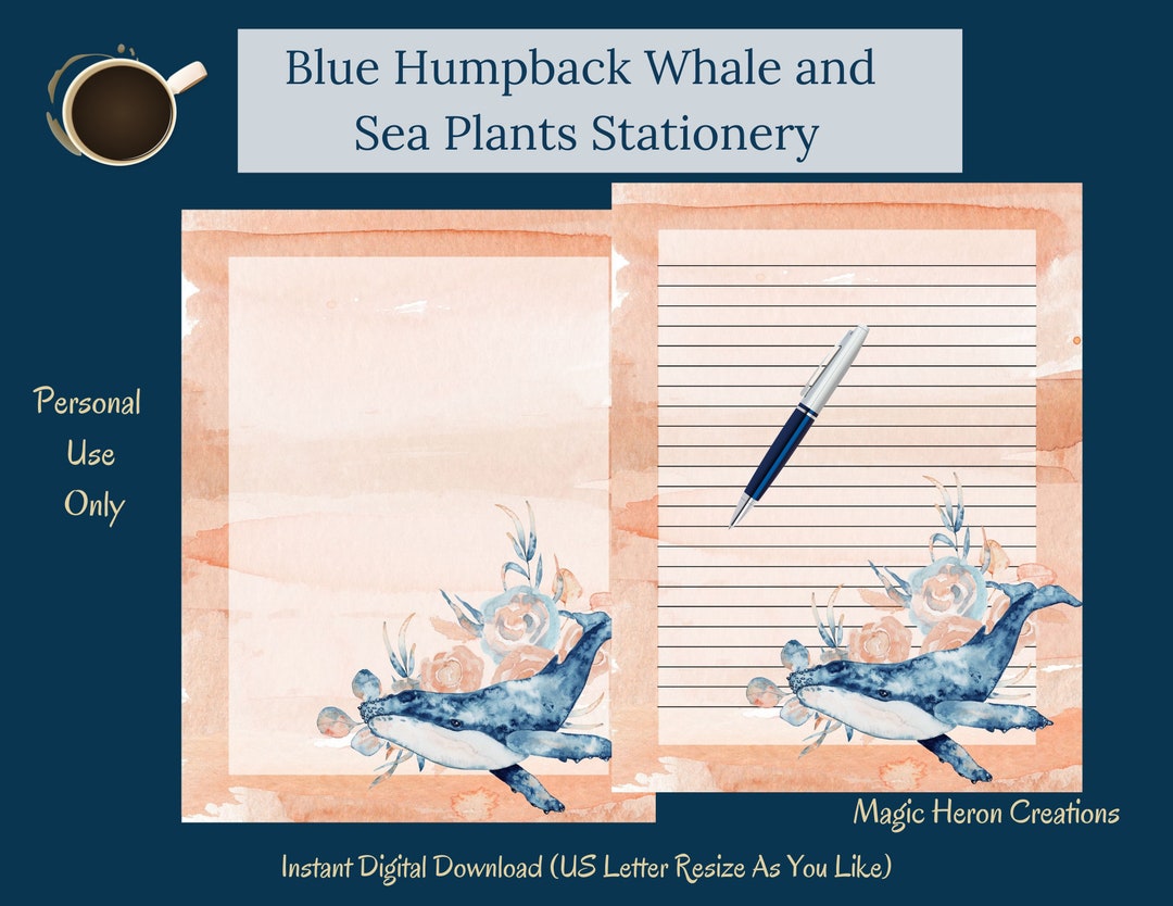 Blue Humpback Whale and Sea Plants -- Watercolor -- Printable Letter ...