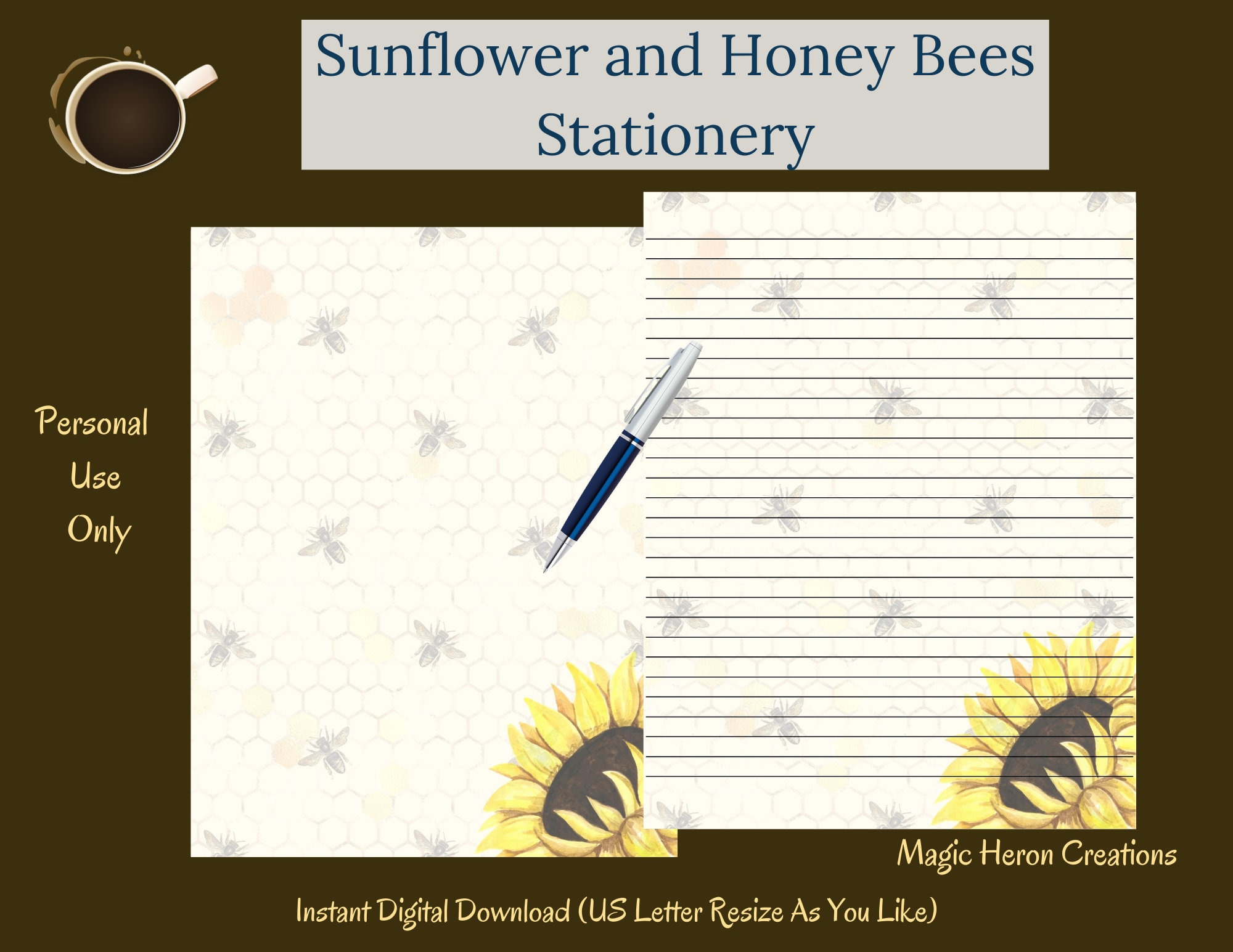Letter Writing – Sunflower & Honey Bees Printable Stationery – Digital ...