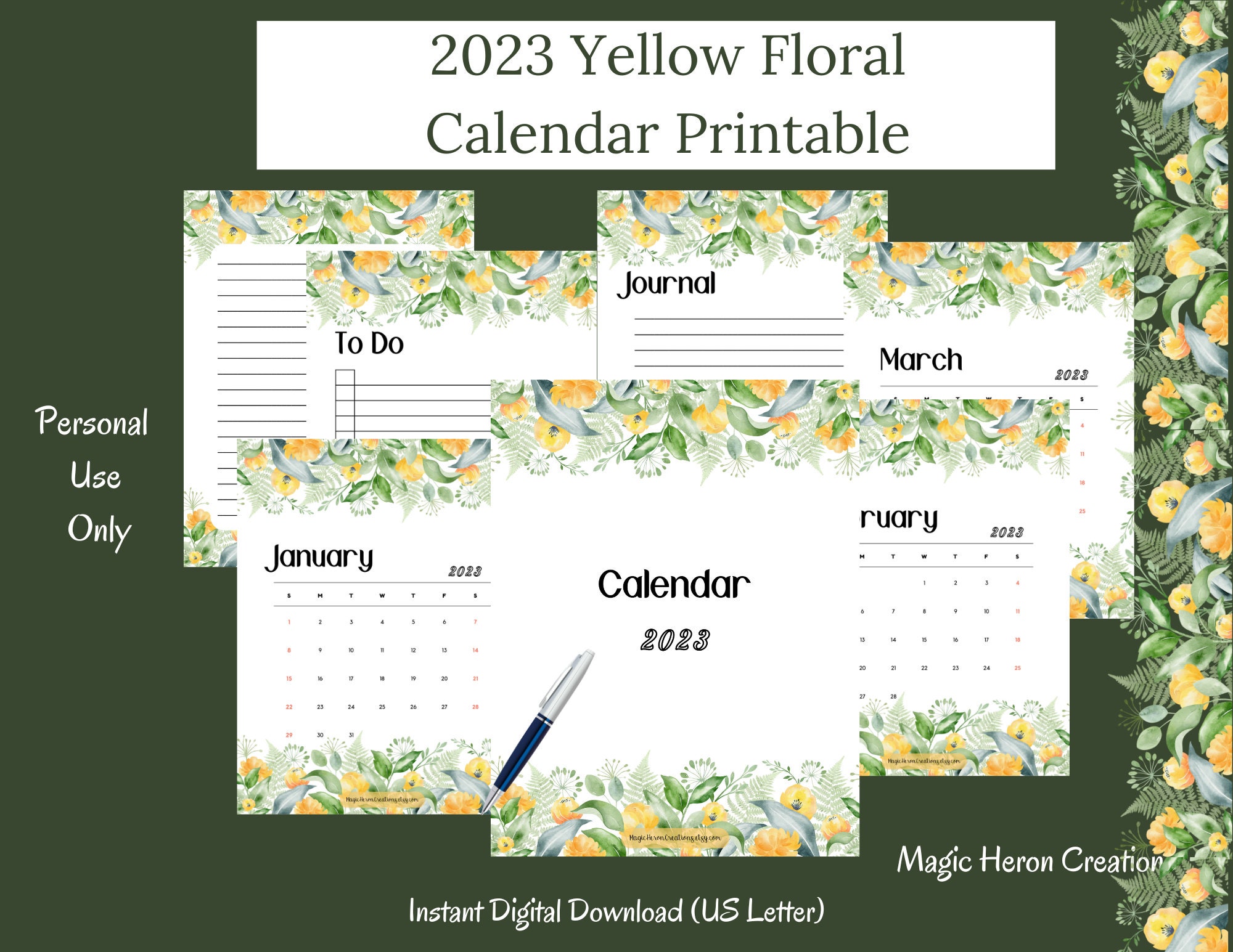 2023 Yellow Floral Calendar Printable, 2023 Desk Calendar Digital ...