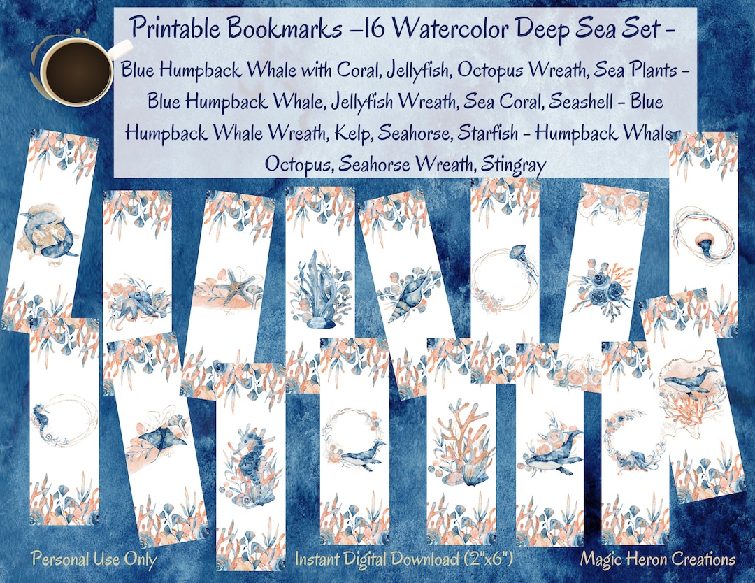 Printable Bookmarks - 16 Watercolor Deep Sea Set - Blue Humpback Whales ...