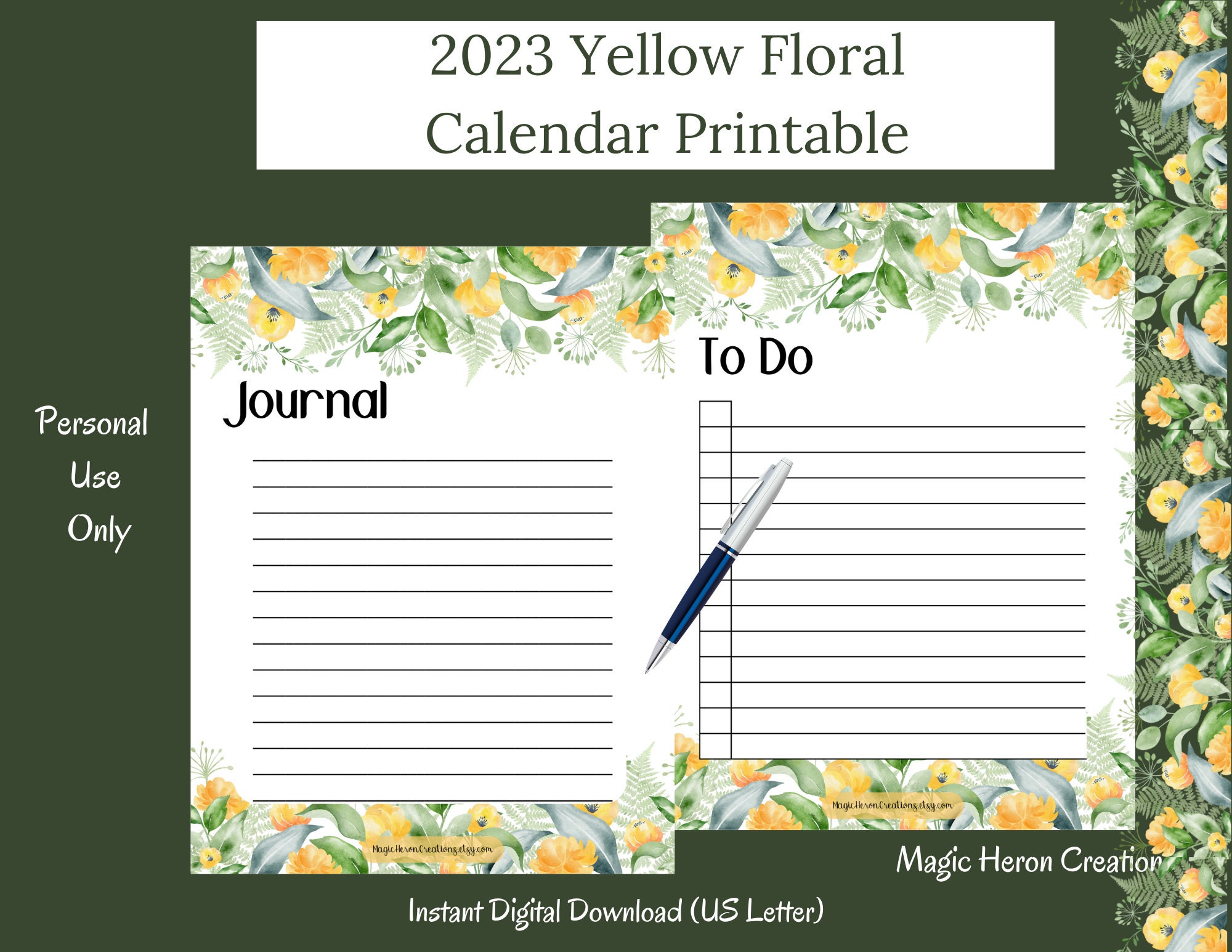 2023 Yellow Floral Calendar Printable, 2023 Desk Calendar Digital ...