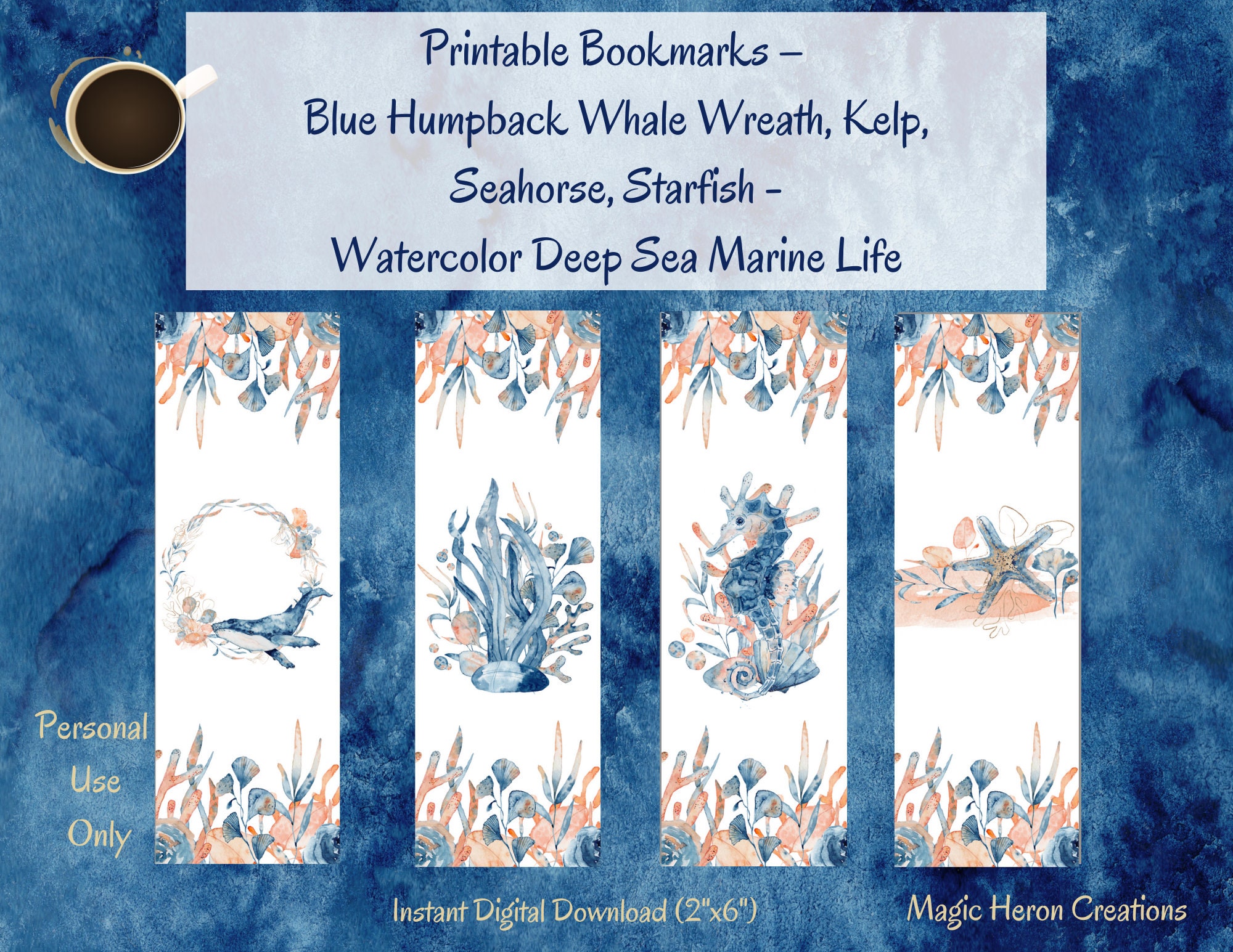Printable Bookmarks 16 Watercolor Deep Sea Set Blue - Etsy