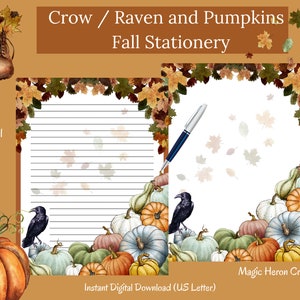 Crow Raven and Pumpkins Autumn Fall Stationery, Falling Leaves ...