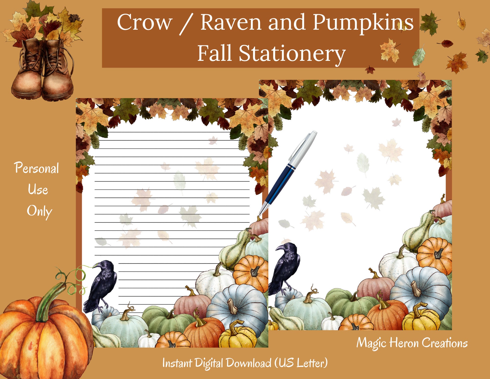 Crow Raven and Pumpkins Autumn Fall Stationery, Falling Leaves ...