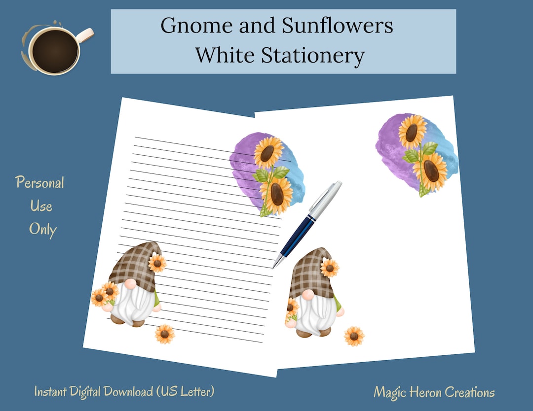 Gnome and Sunflowers on Honeycomb Printable Stationery, White, Letter ...