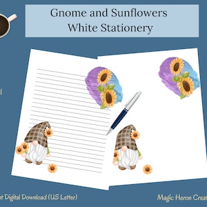 Gnome and Sunflowers on Honeycomb Printable Stationery, White, Letter ...