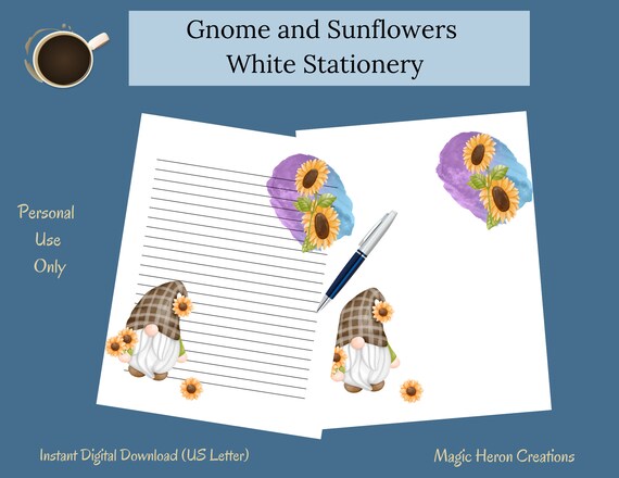 Gnome and Sunflowers on Honeycomb Printable Stationery White - Etsy