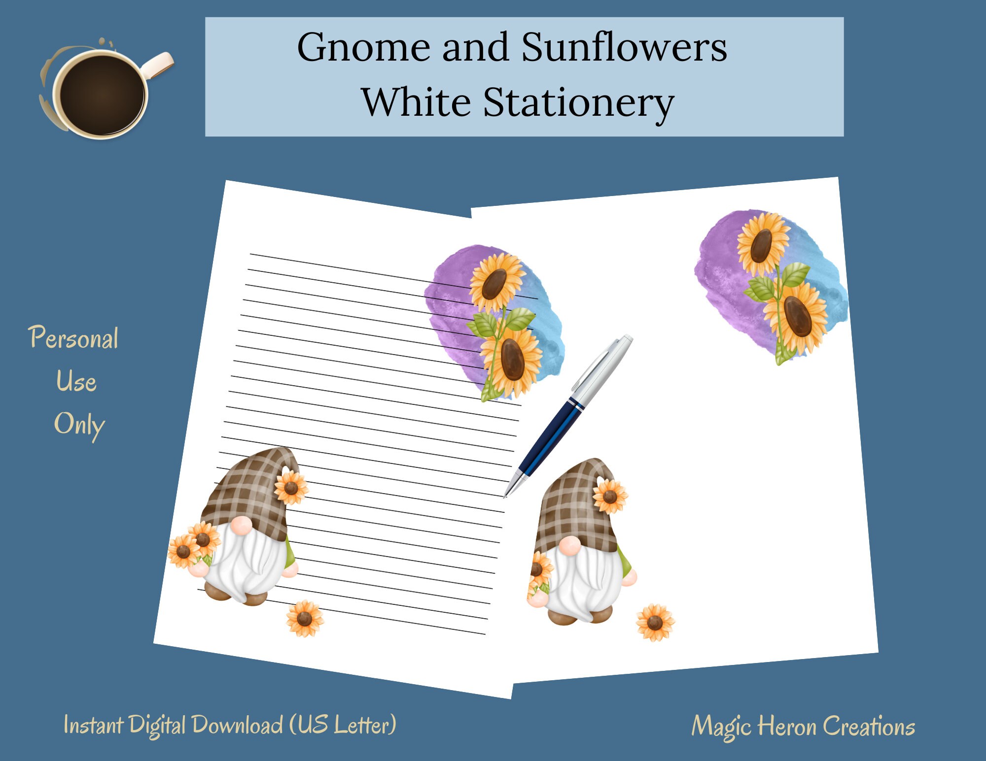 Gnome and Sunflowers on Honeycomb Printable Stationery, White, Letter ...