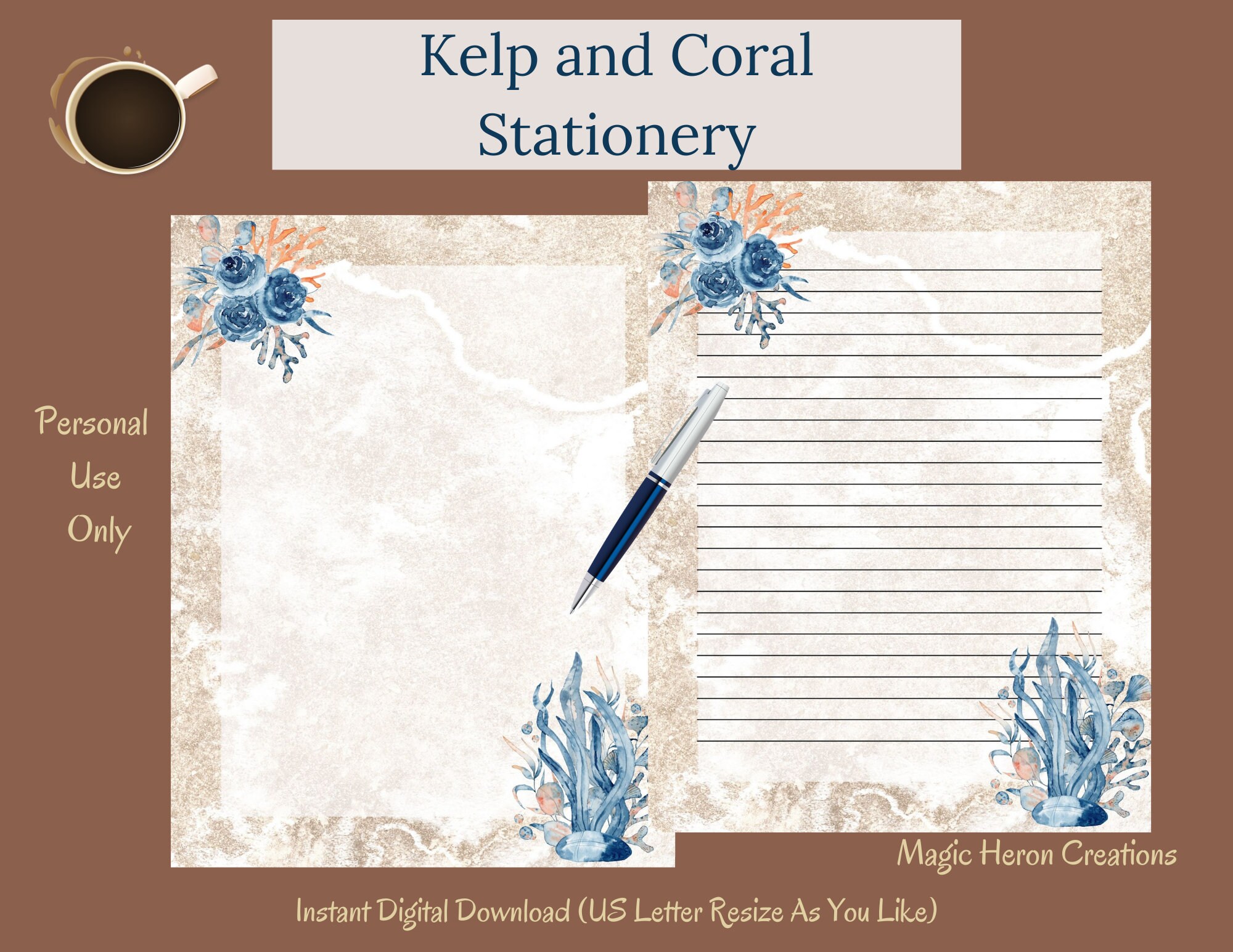 Kelp and Coral Watercolor Printable Letter Writing Paper Stationery - Etsy