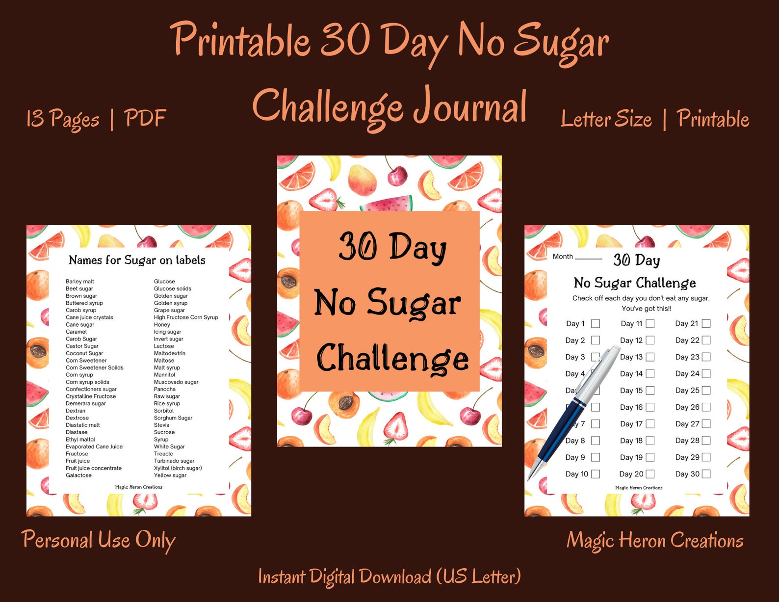 Sugar Detox, 30 Day Challenge Printable, No Sugar Challenge Journal ...