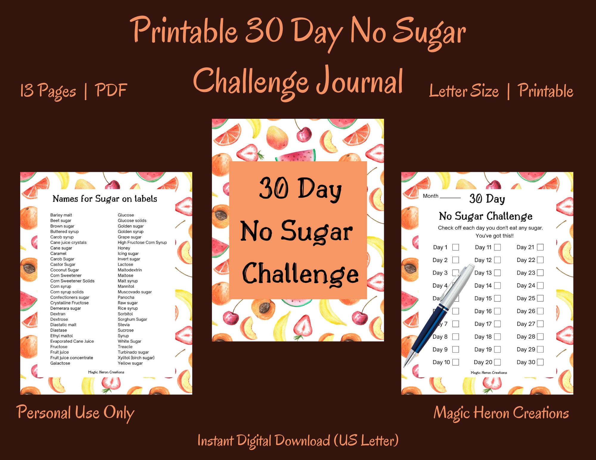 Sugar Detox, 30 Day Challenge Printable, No Sugar Challenge Journal ...