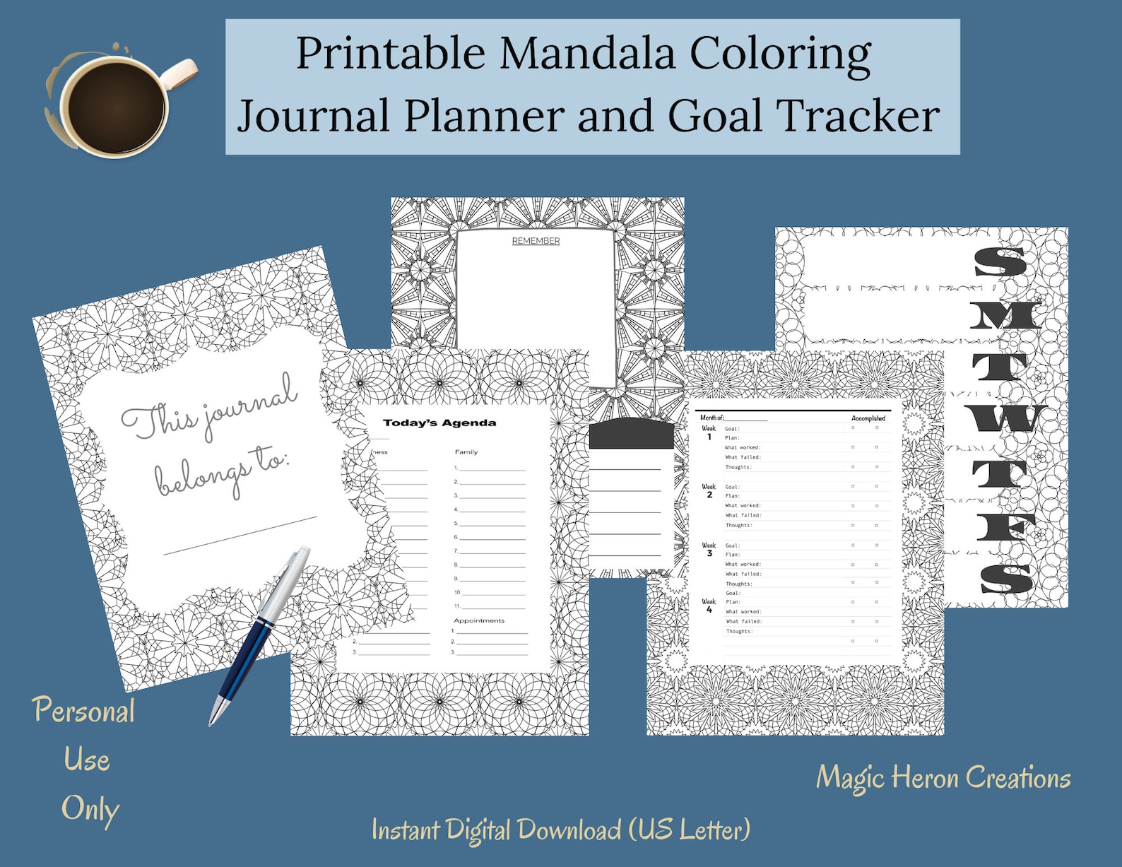 Printable Mandala Coloring Journal Planner and Goal Tracker - Etsy