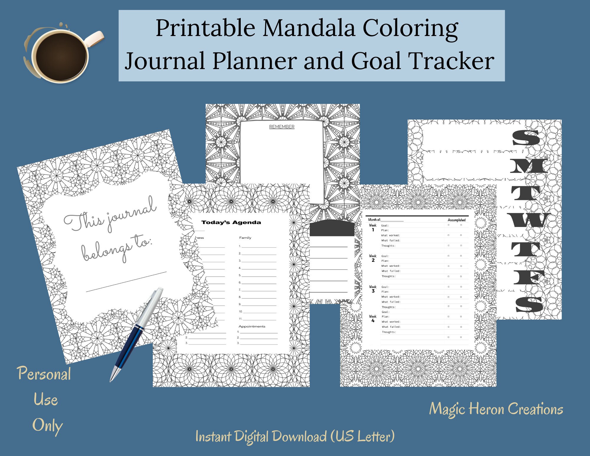 Printable Mandala Coloring Journal Planner and Goal Tracker - Etsy