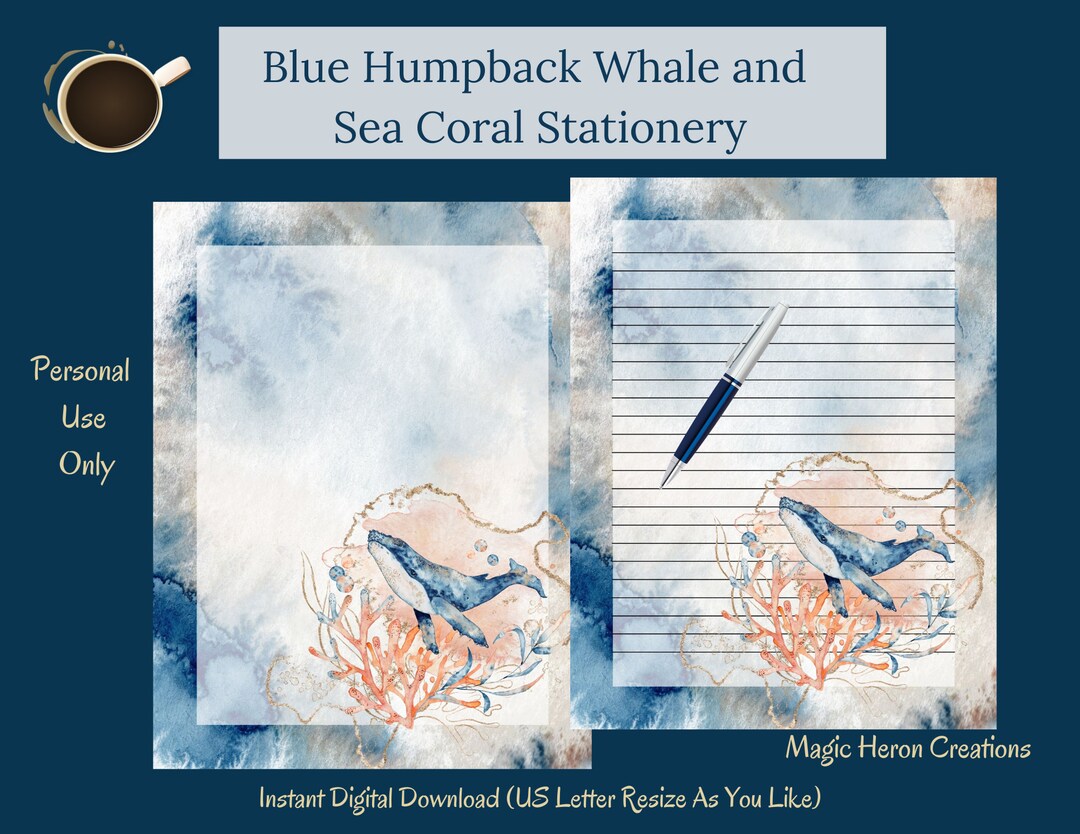 Blue Humpback Whale and Sea Coral -- Watercolor -- Printable Letter ...
