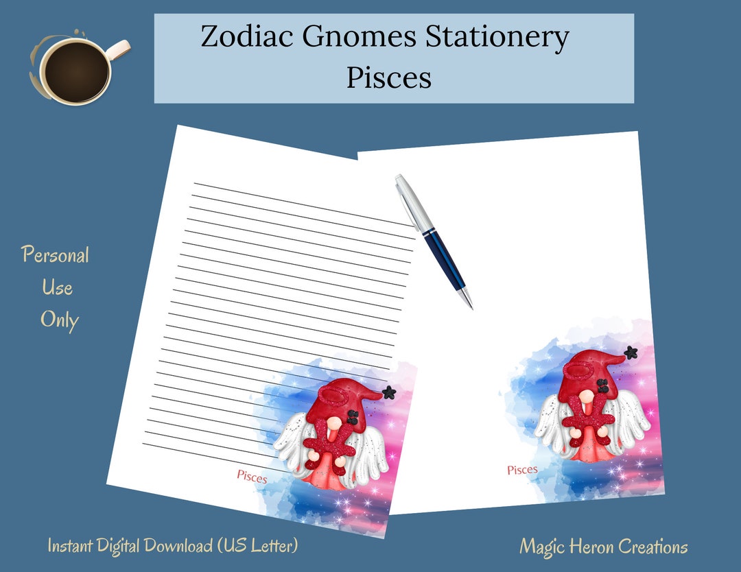Pisces Gnome Printable Stationery Set, Letter Writing Paper, Lined ...