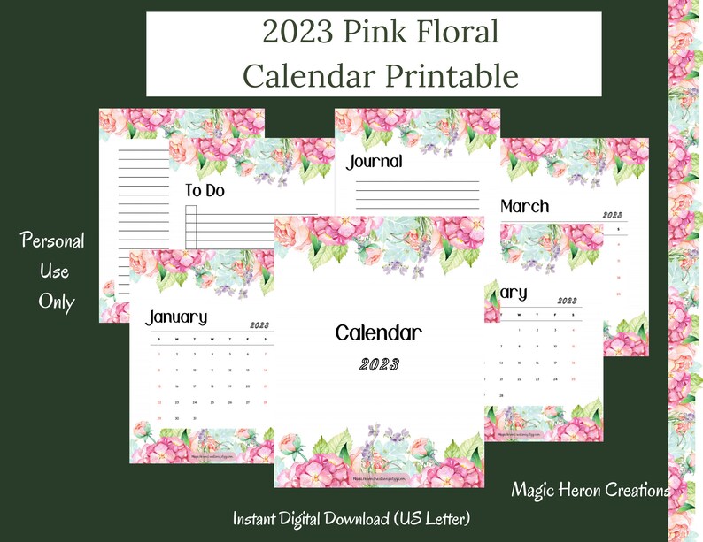 2023 Pink Floral Calendar Printable, 2023 Desk Calendar Digital, Floral ...