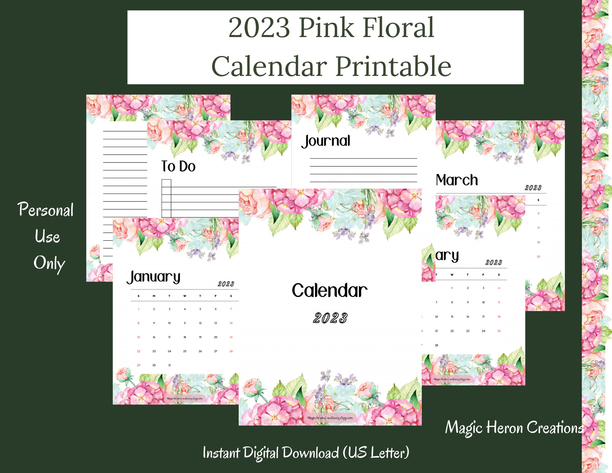 2023 Pink Floral Calendar Printable, 2023 Desk Calendar Digital, Floral ...