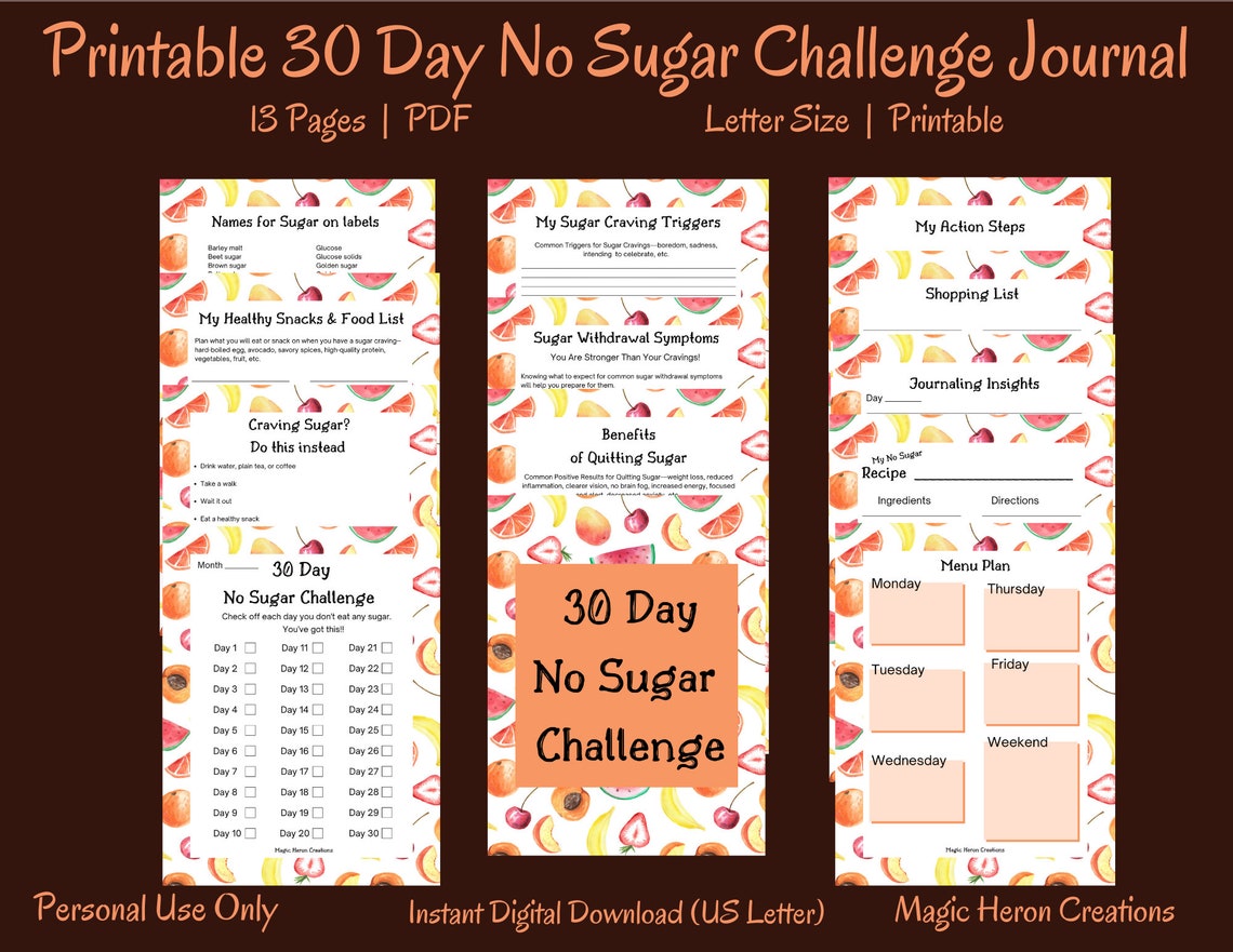 Sugar Detox, 30 Day Challenge Printable, No Sugar Challenge Journal ...