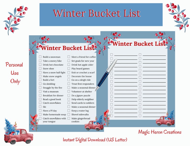 Winter Bucket List Printable, Winter Things, Winter to Do List, Fun ...