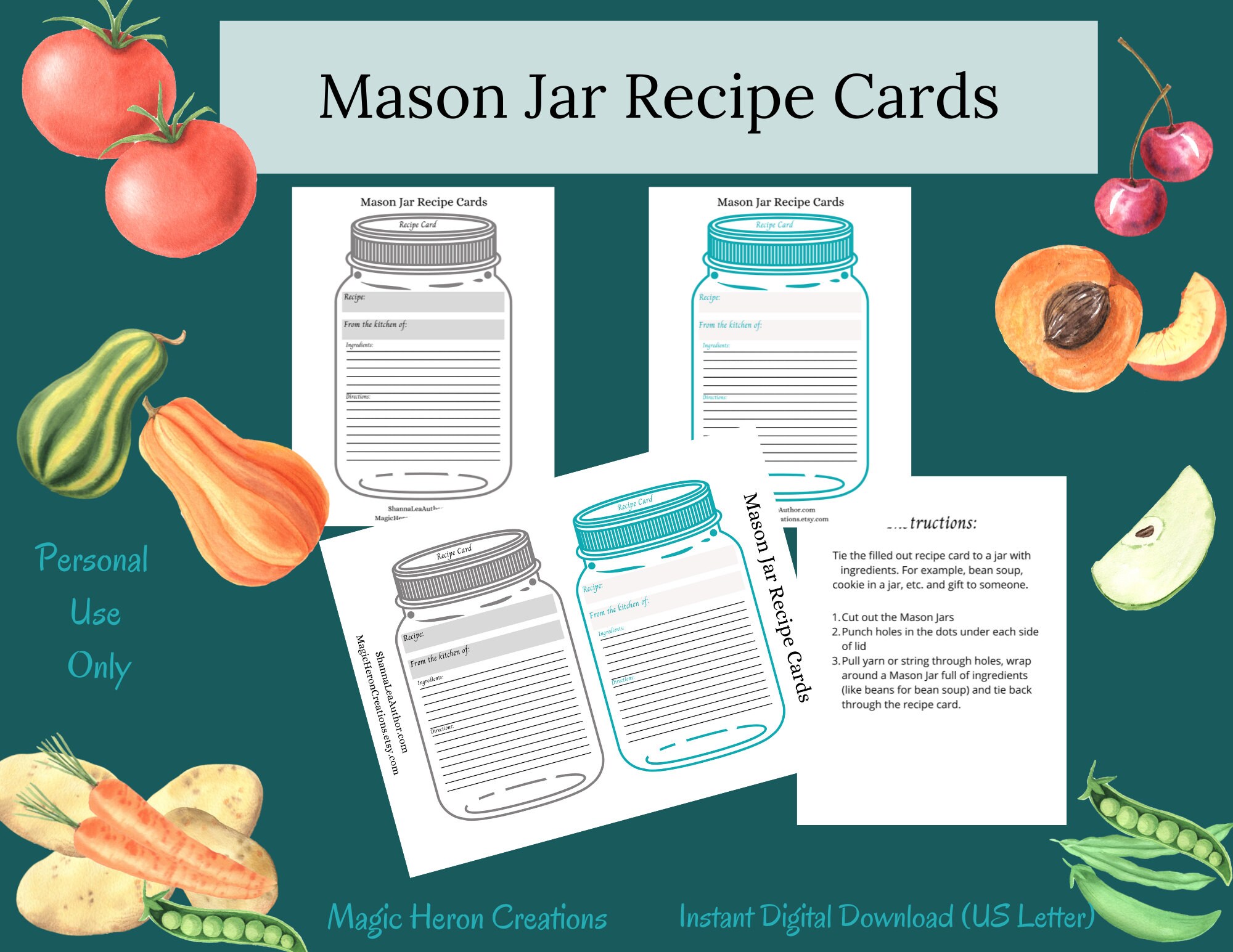 Mason Jar Recipe Card, Mason Jar Tag, Print and Cut, Printable, Canning ...