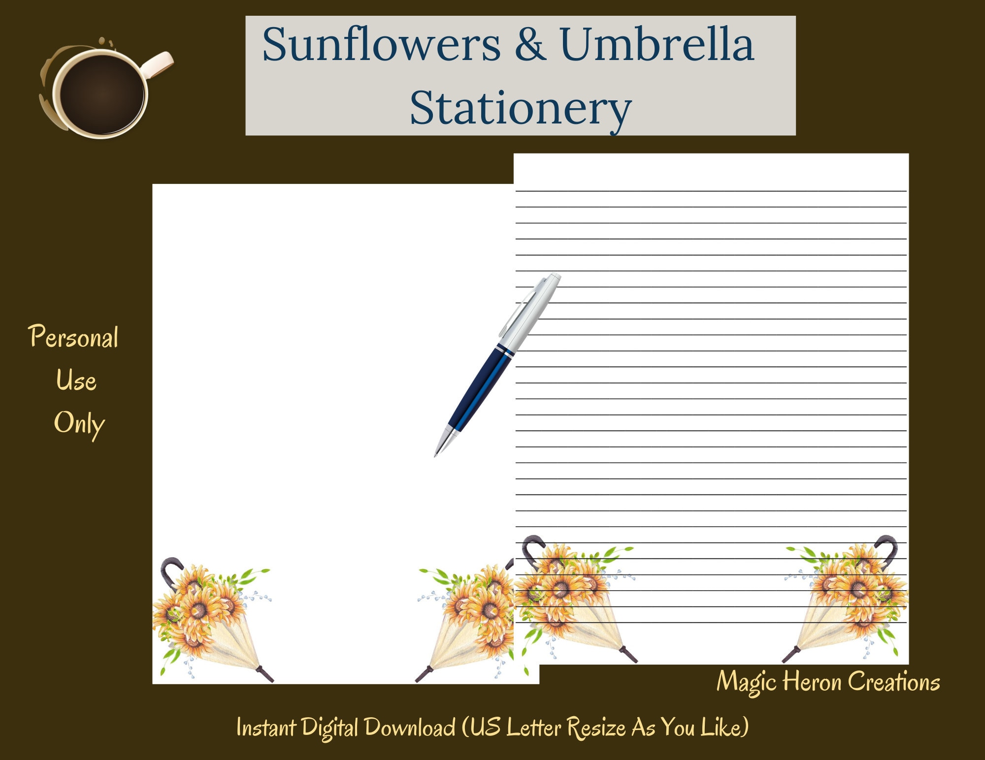 Letter Writing – Sunflowers & Umbrella Printable Stationery – Digital ...