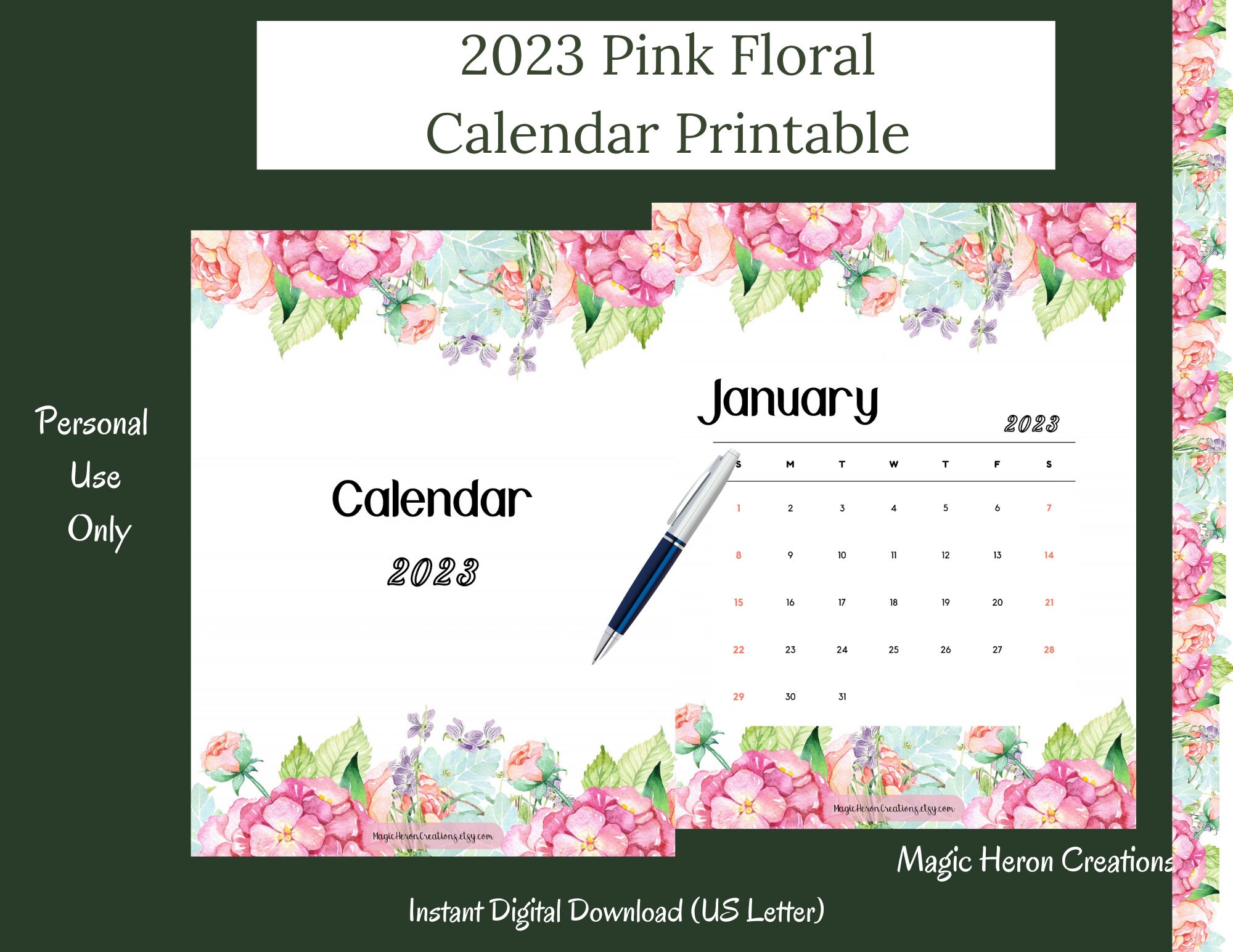 2023 Pink Floral Calendar Printable, 2023 Desk Calendar Digital, Floral ...