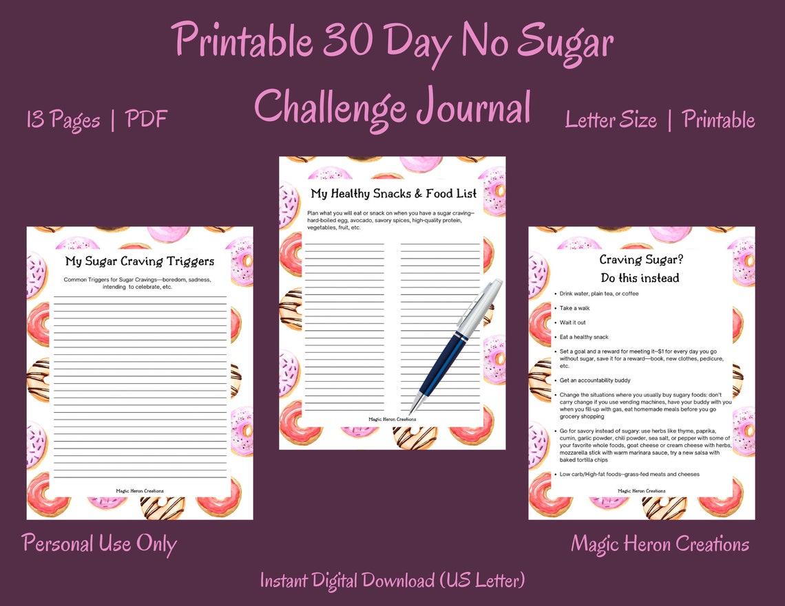 Sugar Detox, 30 Day Challenge Printable, No Sugar Challenge Journal ...